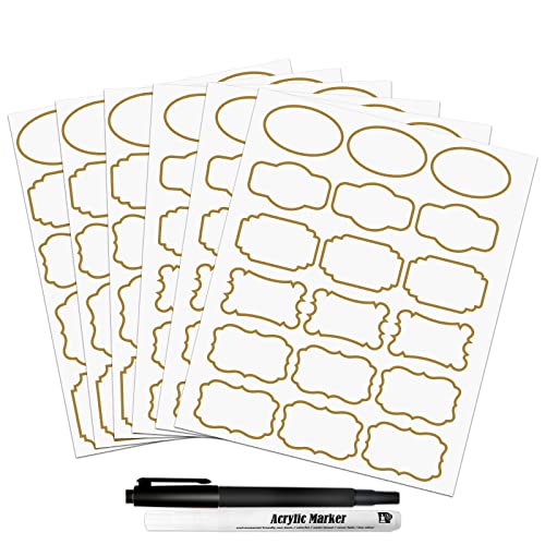 Kitchen Pantry Food Containers Clear Labels with Gold Border, 93 Waterproof Removable Write-on Sticker Labels Tags to Organize Spice Jars Condiment Flour Sugar Canisters Storage Bins, Free 2 Markers