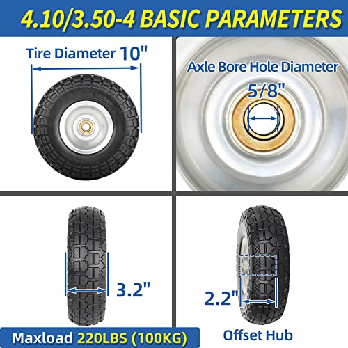 GICOOL 4.10/3.50-4" Flat Free Tire and Wheel, 10" Heavy Duty Solid Tire, 5/8" Axle Bore Hole, 2.2" Offset Hub, for Hand Truck Gorilla Cart Garden Wagon Trolley Dolly Replacement Tire, 2 Pack