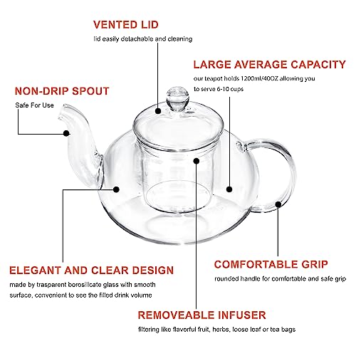 Glass Teapot Set, 40OZ/1200ml Stovetop Safe Glass Tea Kettle with Removable Infuser & Tea Warmer, Tea Cups and Saucers Set of 4, Blooming Tea & Loose Leaf Tea Maker Set for Women