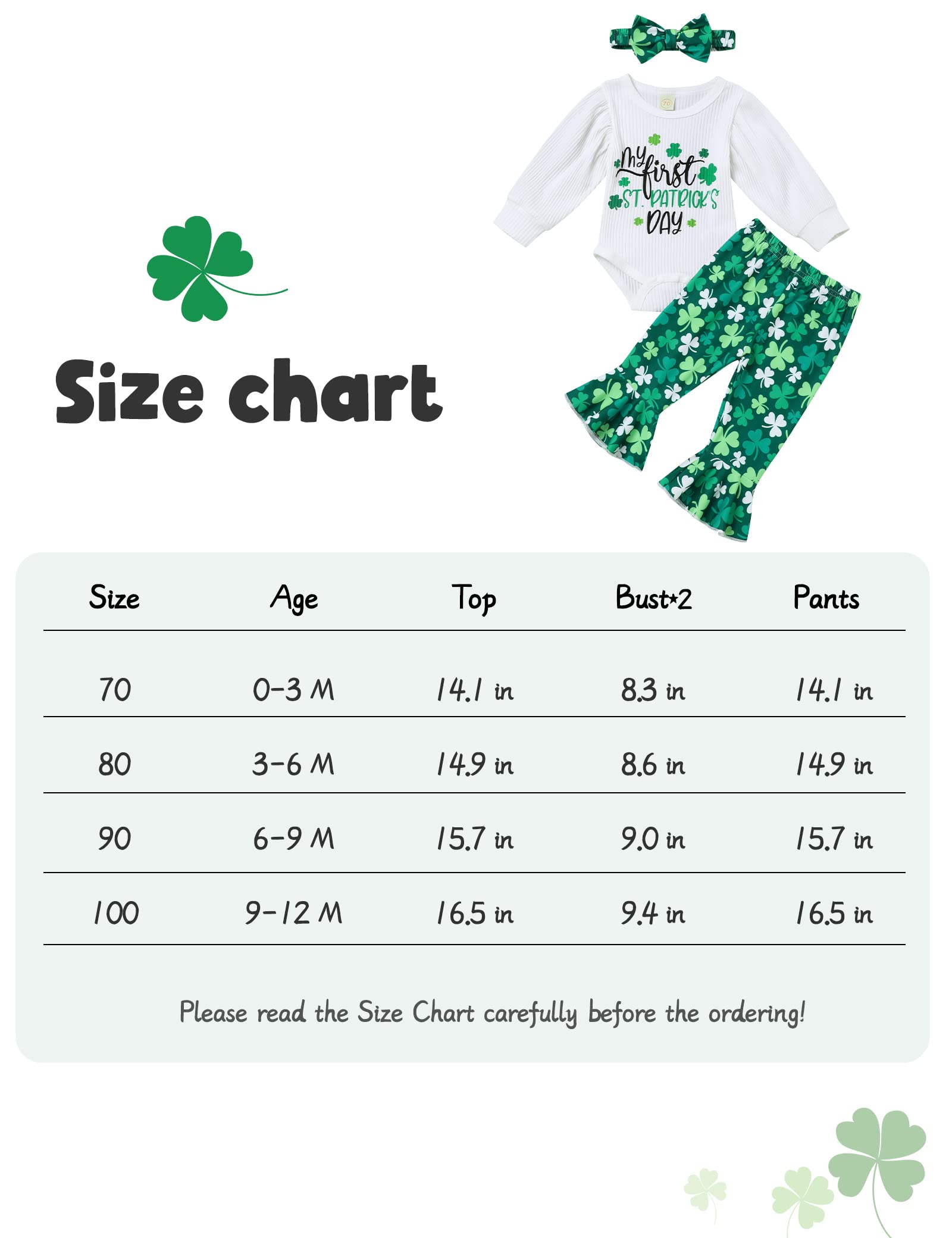 bilison St Patricks Day Baby Girl Outfit My First St Patricks Day Romper Tops Four Leaf Clover Flare Pants with Headband Set