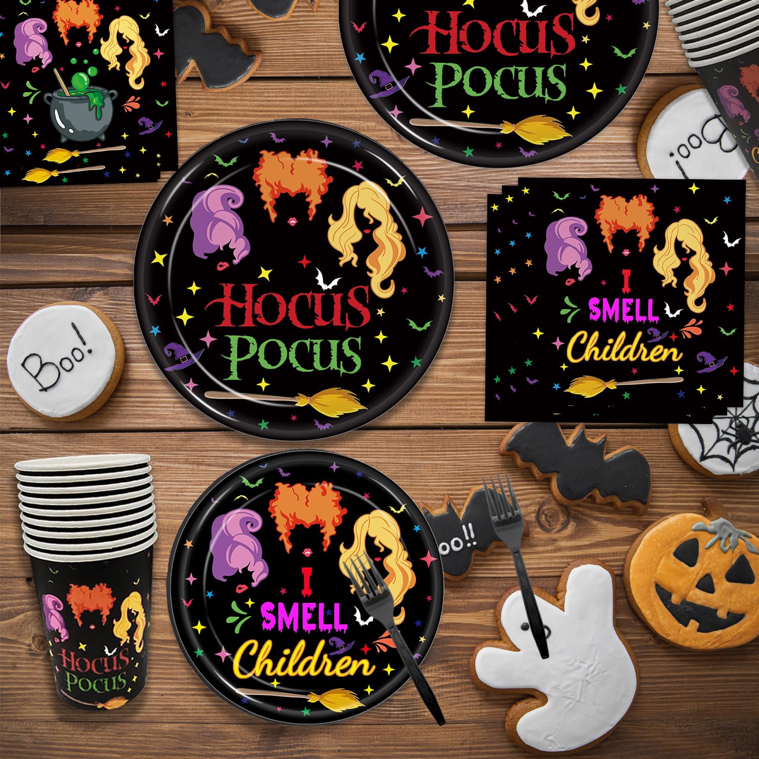 Halloween Hocus Pocus Party Tableware Set Halloween Decorations Paper Plates, Napkins, Cups, Forks for Halloween Witch Theme Party Decorations Hocus Pocus Party Supplies Favors, 24 Guests