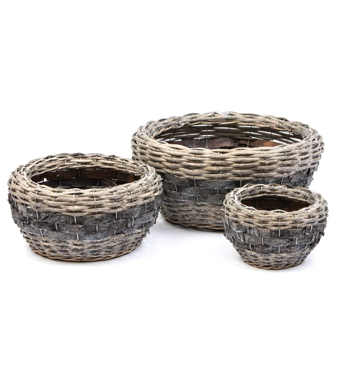 Napco Willow and Wood Woven Planter Cover Basket with Liner, 10.75 x 6, Gray