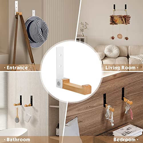 Folding Coat Hooks 5 Pcs Wooden Wall Hooks for Hanging Coat Heavy Duty Aluminum Alloy Adhesive Foldable Headphone Holder Coat Hooks Wall Mounted with 10 Screws for Hat, Towel, Bag (White)