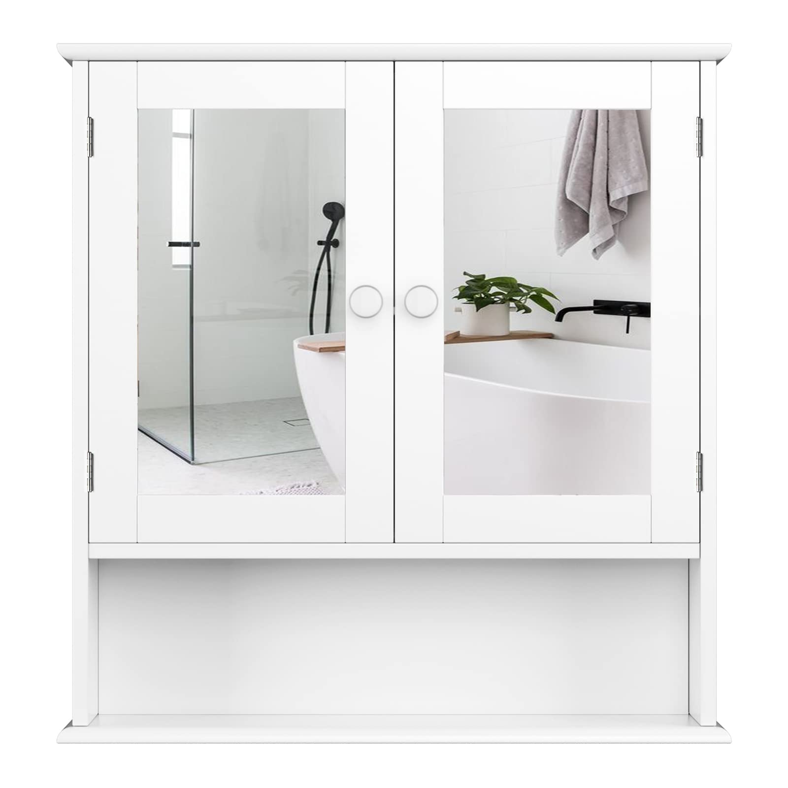 Wall Cabinet, Bathroom Medicine Cabinet with Double Mirror Doors, Wood Hanging Wall Mounted Cabinet with Adjustable Shelf, Storage Cabinet for Laundry Room, Kitchen, White Finish
