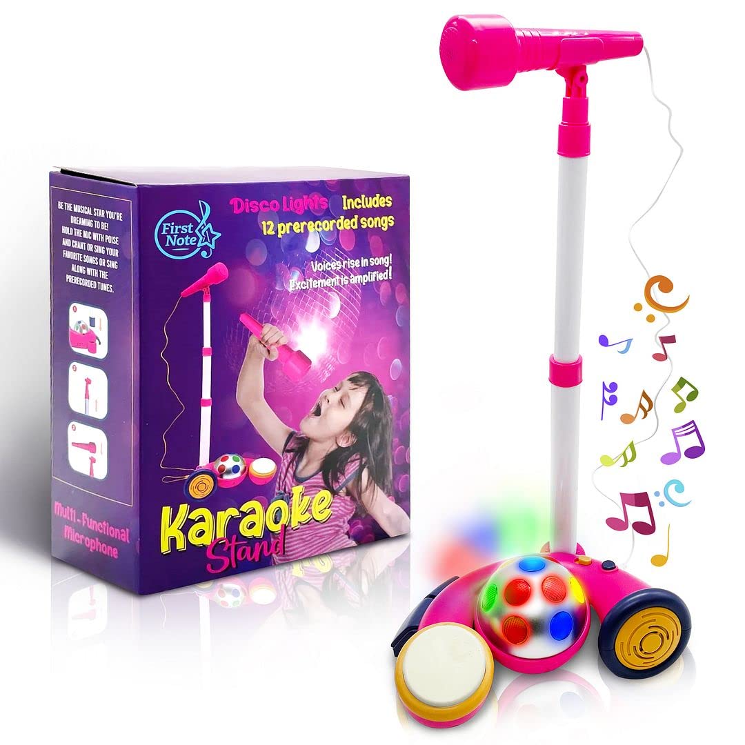 Kids Microphone with Stand, Sing Along Kids Karaoke Machine, Musical Singing Toy, Microphone for Kids with Flashing Stage Lights and Pedals for Fun Sound Effects by First Note USA, Blue