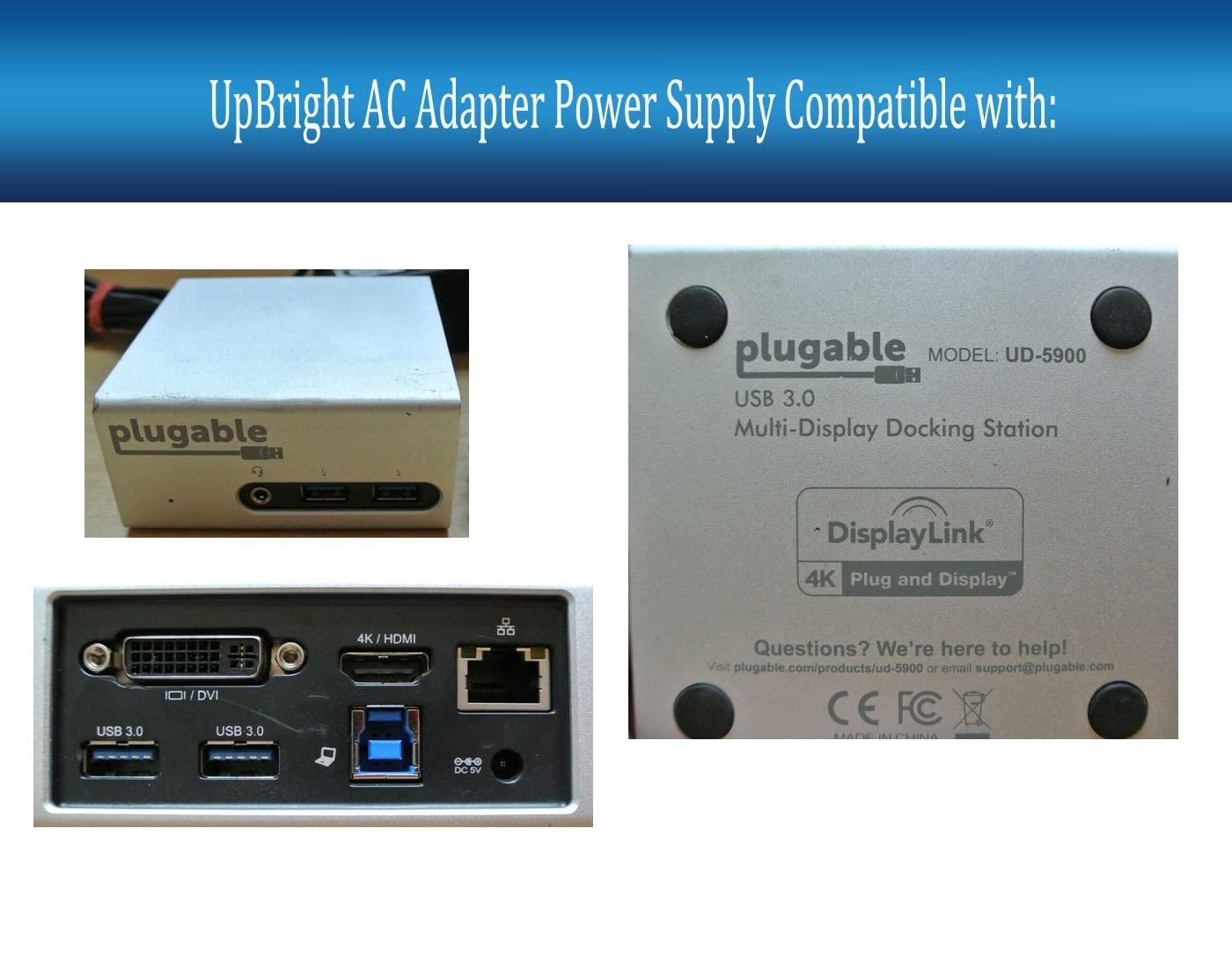UpBright 5V AC/DC Adapter Compatible with Plugable UD-3000 UD-3900 UD-5900 UD3000 UD3900 UD5900 Pro 8 UD-PRO8 USB3.0 Dual Monitor Video Docking Station USB 2.0 10 Port Hub 5VDC 4A Power Supply Charger