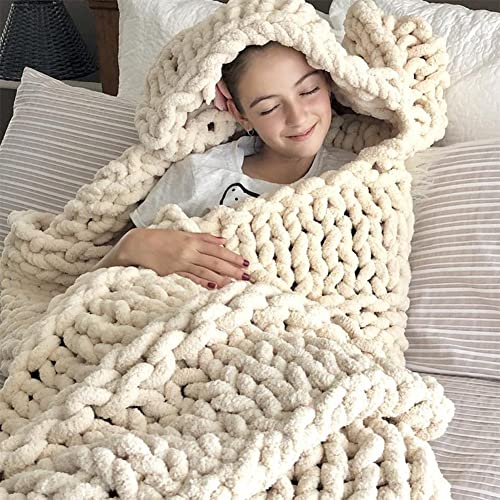 Chunky Knit Throw Blanket Soft Luxury Chenille Yarn Blanket for Farmhouse Boho Decor,Handmade Tight Braided Thick Cable Knit Throw for Bed,Couch,Beige,50x60.