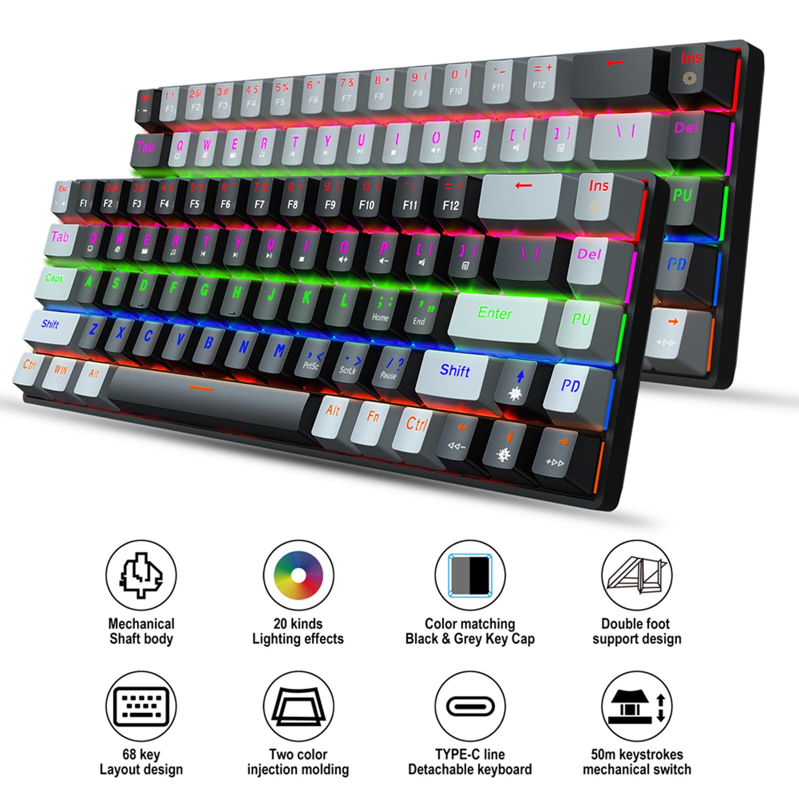 Horoper Computer Mechanical Keyboard, Mechanical Keyboard 68‑Key Red Shaft Green Shaft Dual Color RGB Backlit Gaming Mechanical Keypad (Gray)