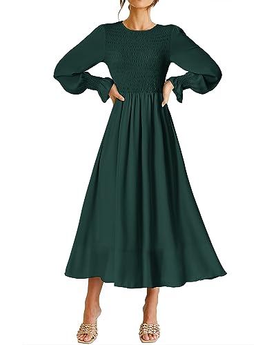 dowerme Women Casual Petal Long Sleeve Crewneck Smocked A-Line Flowy Solid Maxi Dress Fall Winter Party Cocktail Dresses(Solid Dark Green,Small)