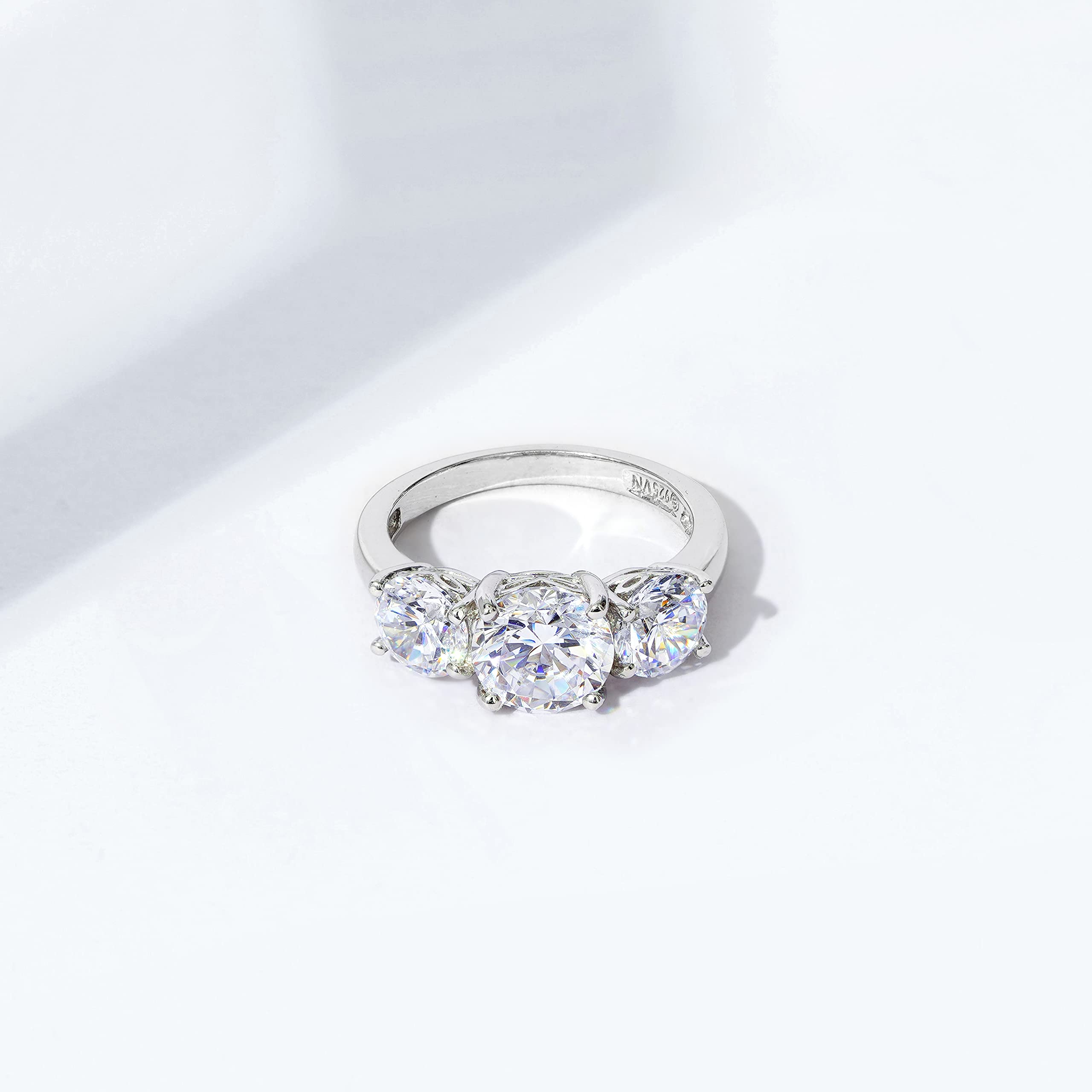 Amazon Essentials Platinum-Plated Sterling Silver Round 3-Stone Ring made with Infinite Elements Cubic Zirconia (4 cttw), Size 7, (previously Amazon Collection)