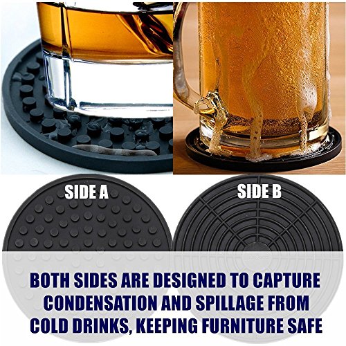 ENKORE Coasters For Drinks - Set of 6 with Holder, Black - Protect Furniture From Water Marks or Damage - Deep Tray and Rim Catch Cold Drink Sweat Without Spill, Large 4.3 Inch Size Fit All Cups