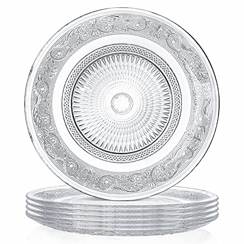 Elsjoy Set of 6 Glass Dinner Plate, 10 Inch Large Serving Plate Round Clear Glass Plate, Vintage Embossed Dinnerware for Pasta, Salad, Home Wedding Decor