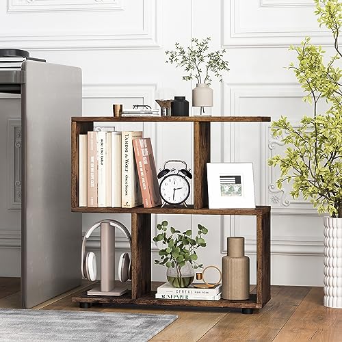 Giantex 3-Tier Geometric Bookshelf, 24" Tall Wood S-Shaped Display Shelves with Thick Foot Pads, Freestanding Open Shelves Nightstand, Floor Standing Display Shelf Bookcase, Brown