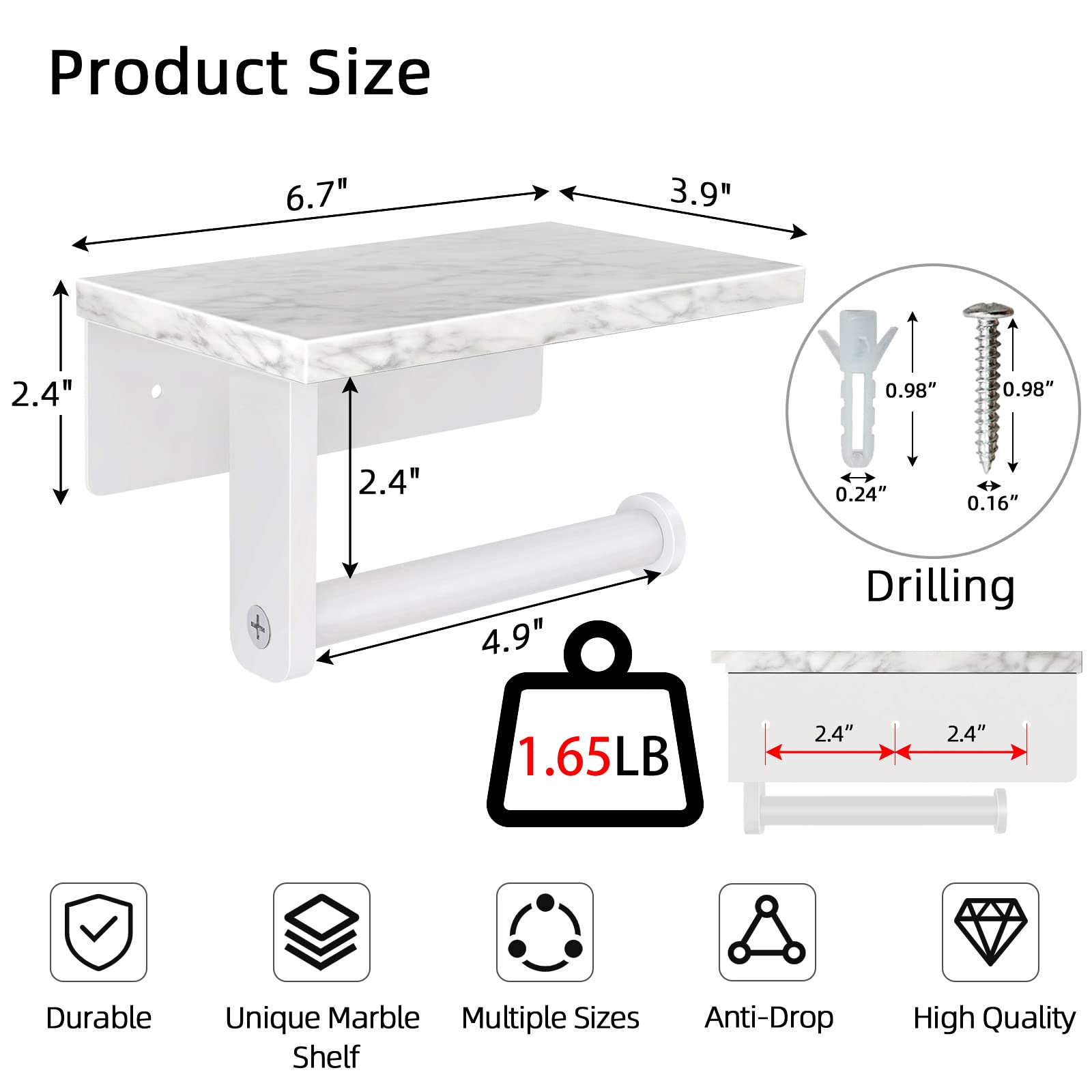 Gypie Toilet Paper Holder with Natural Marble Shelf, 304 Stainless Steel Screw Wall Mounted, Tissue Roll Paper Holder Dispenser for Bathroom Washroom White