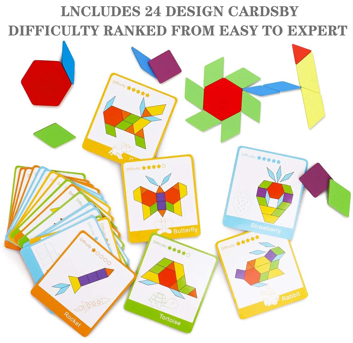 KanCai 155PCS Wooden Pattern Blocks Set Geometric Shape Puzzles Classic Educational Toys Tangrams Set for Kids Ages 3-8 with 24 Pcs Design Cards