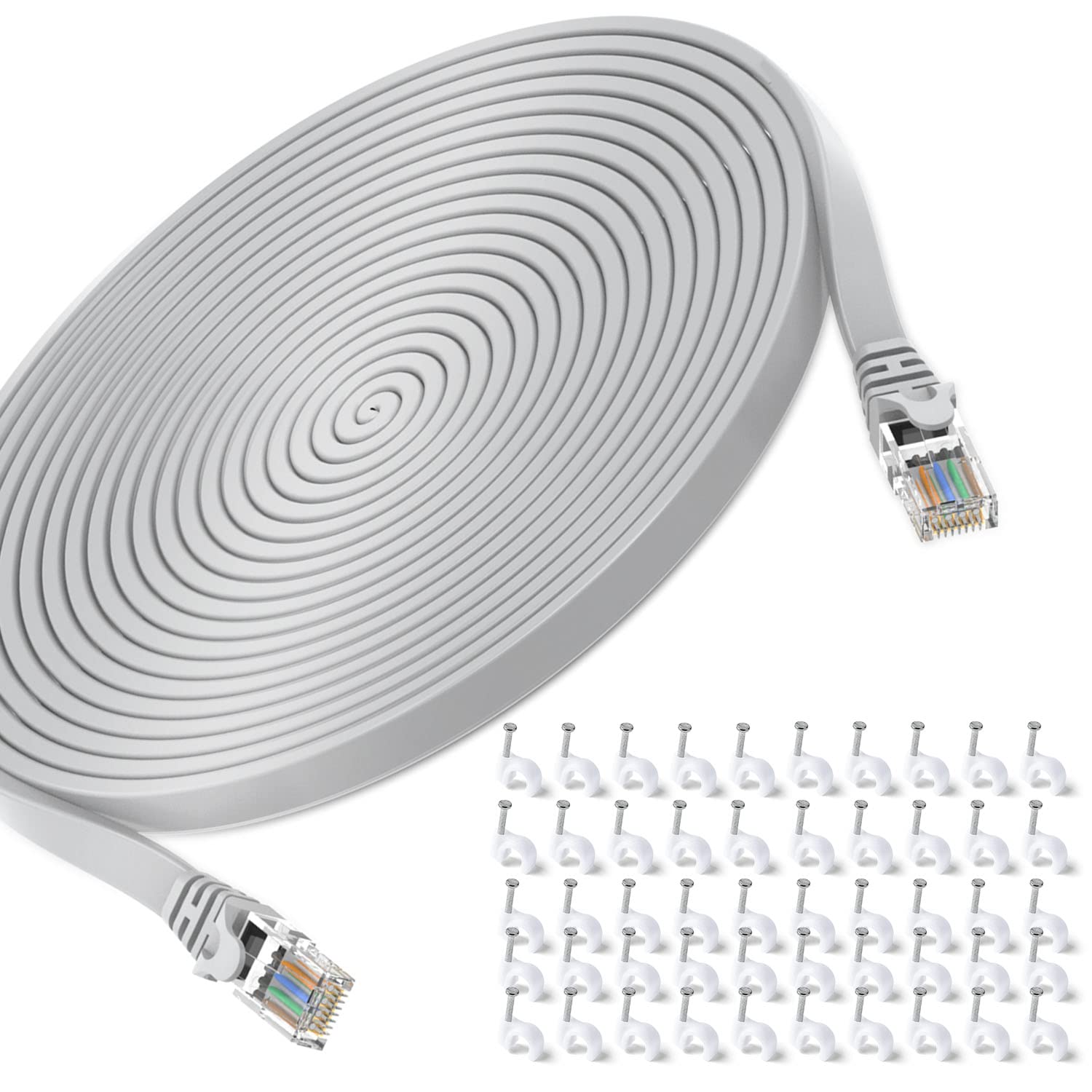 cat 6 Flat ethernet Cable 100 ft 30M Thin Internet Network LAN Patch Cords high Speed Computer Wire with Clips& Snagless Rj45 Connectors for Router, Modem PS4/5, Xbox, Faster Than Cat5e/Cat5 Grey