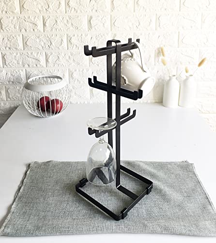 Hanrace Coffee Mug Holder, Countertop Coffee Cup Tree, Coffee Cup Holder, Tea Cup Storage Rack and Wine Glass Holder, Coffee Table Bar Accessories and Kitchen Organizer, with 6 Hooks(Black )