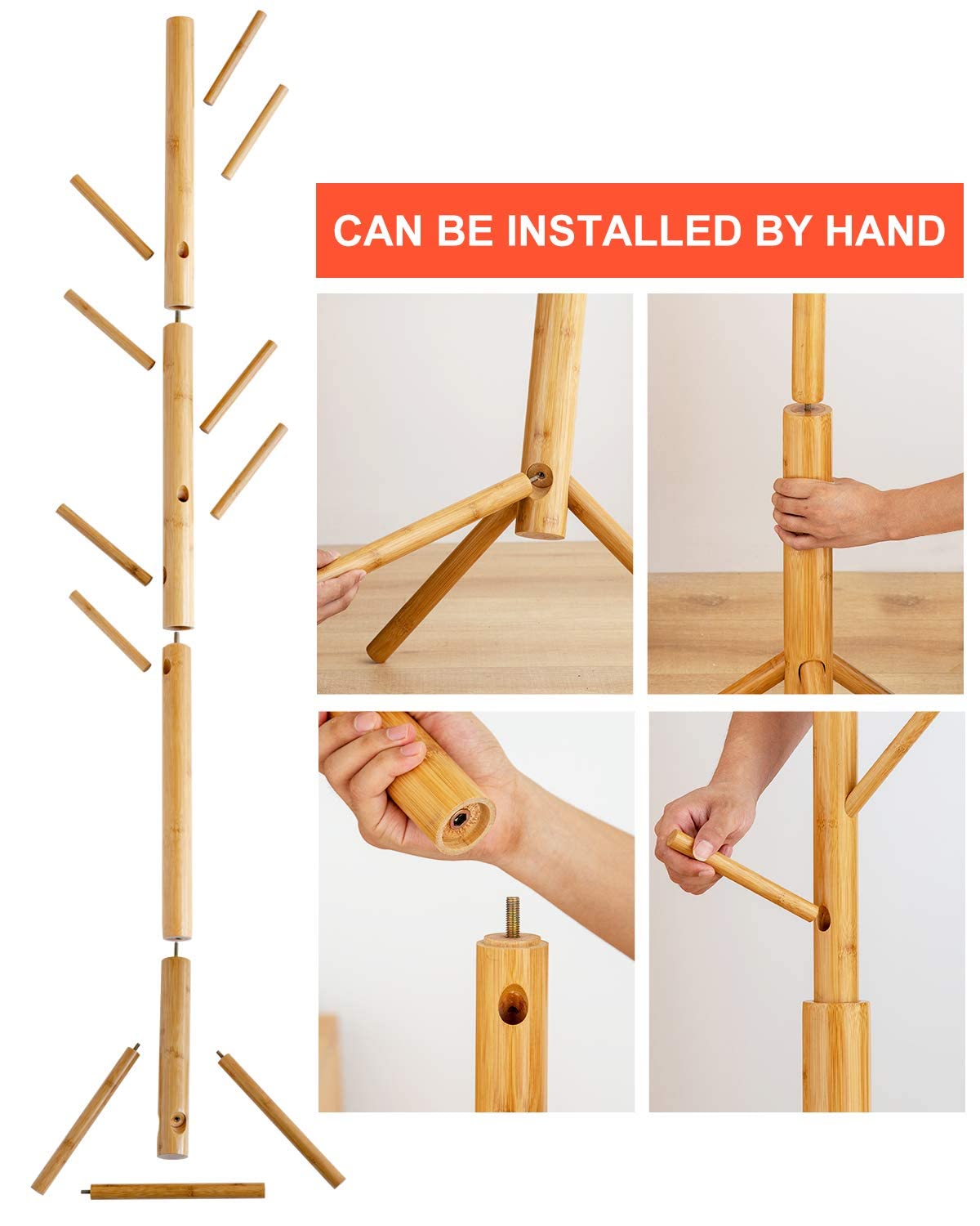 BMOSU Coat Rack freestanding Stand Bamboo Wooden Coat Tree 8 Hooks 3 Adjustable Standing Jackets Hanger Hallway Corner Parlor(Nature)
