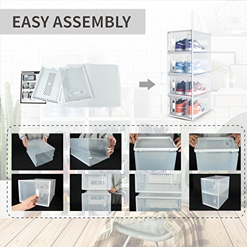 Hrrsaki 8 Pack X-Large Shoe Storage Boxes, Shoe Boxes Clear Plastic Stackable, Shoe Organizer Boxes with Front Opening Lids, Ventilation and Dust-proof, Shoe Container Boxes for Closet, Bedroom, Bathroom, Fit for Women/Men Size 14(14β x 11β x 8.3β) (white