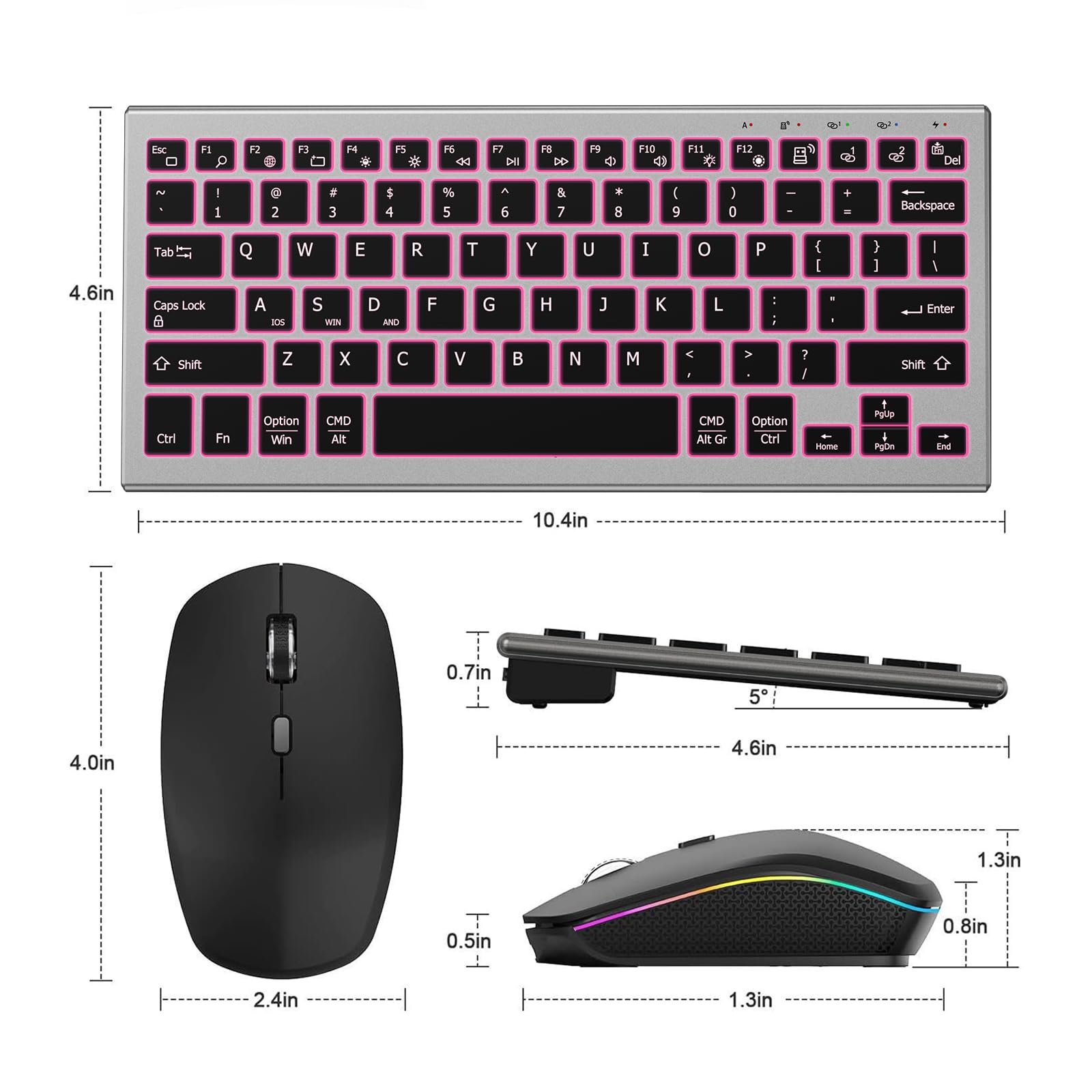 FENISIO Wireless Keyboard Mouse, Ultra Slim Bluetooth 2.4G Slient Wireless Keyboard and Mouse Combo with Backlit, Multi-Device USB Rechargeable Keyboard Mouse for Laptop PC Windows Desk (Silver White)