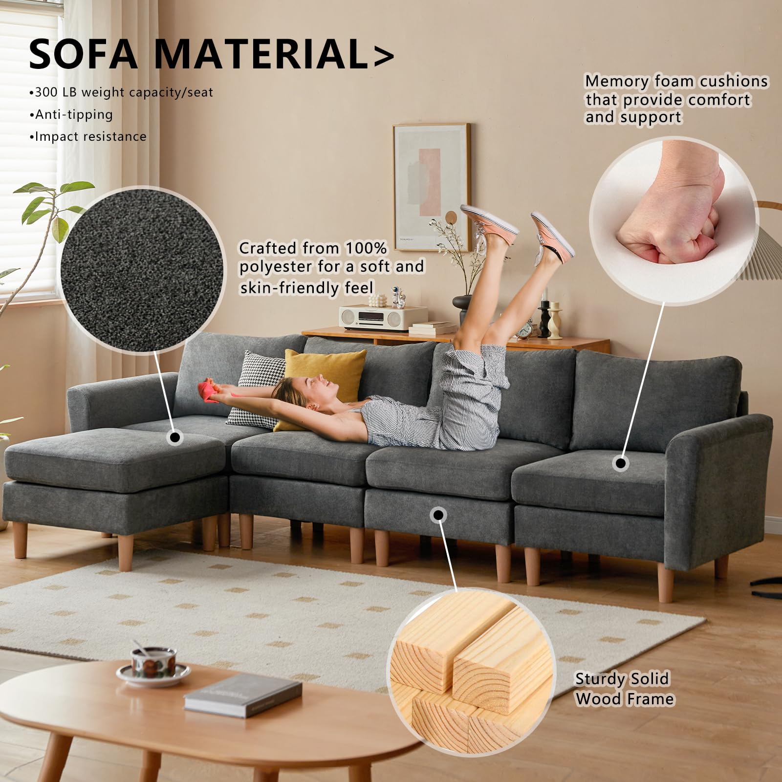 Cpintltr Modular Sectional Sofa 5 Seat Polyester Sofa Bed with Reversible Chaise Convertible L Shaped Couch with Ottomans Memory Foam Sleeper Sofa with Tapered Wood Legs for Living Room Beige