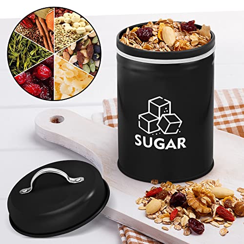 E-far Canister Sets for Kitchen Counter, 3-Piece Metal Coffee Sugar Tea Canister with Airtight Lid for Food Storage, Farmhouse Style & Small Size (6.1” x 4”)-Black