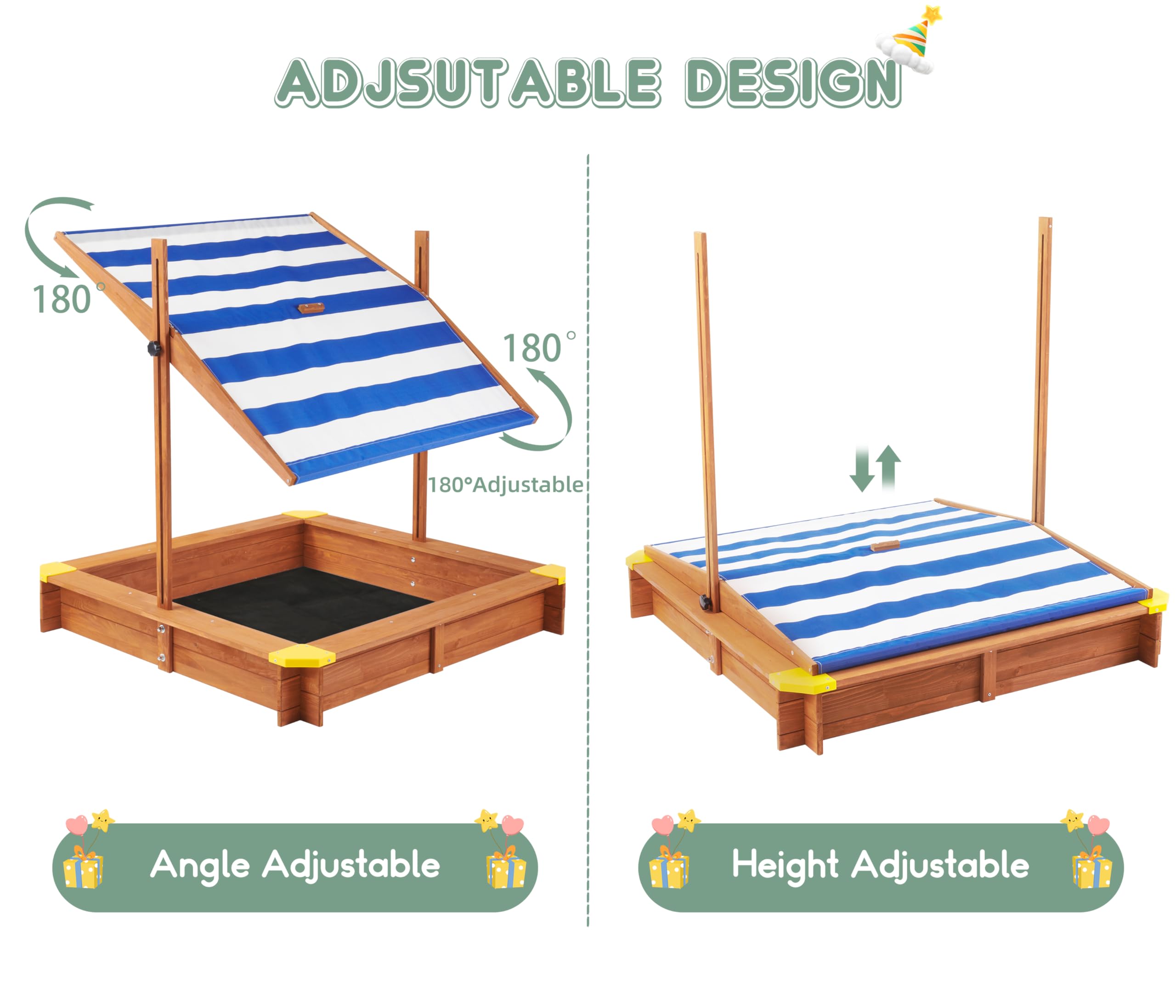 Kids Sandbox with Cover, 46.5" Wooden Sand Box w/Adjustable Canopy, Large Outdoor Cedar Sandpit for Backyard Play