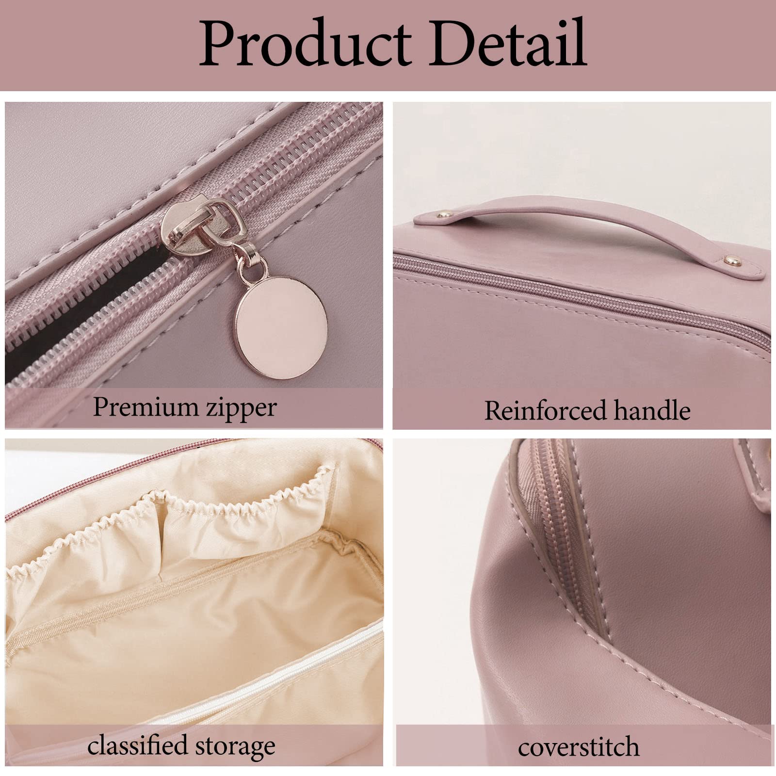 BOBOBOX Travel Cosmetic Bag Large Capacity Make Up Bag PU Leather Waterproof Portable with Handle and Divider Multifunctional Bag (Pink)