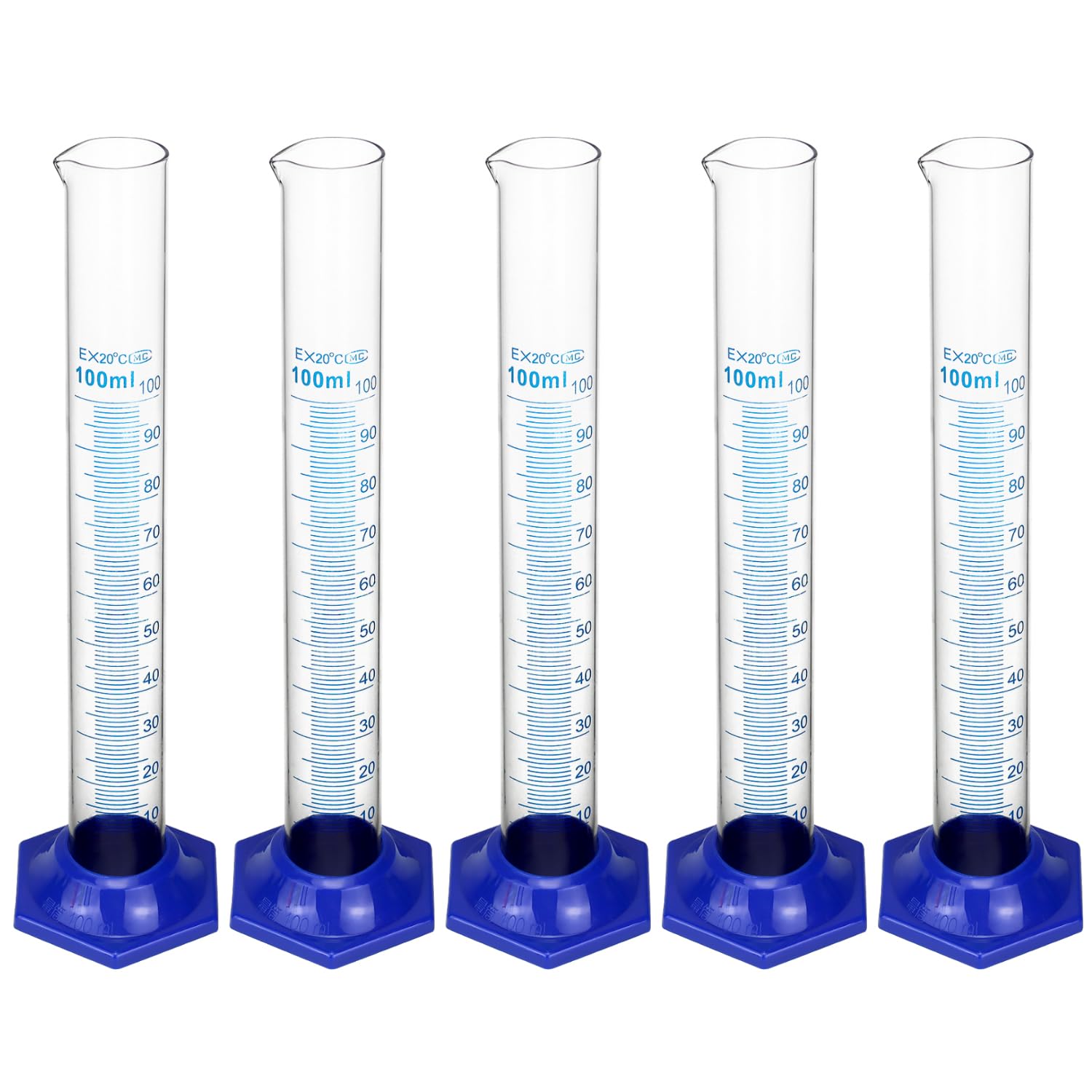 QWORK Borosilicate Glass Graduated Cylinder Set - 5PCS, 100ml, Heat and Chemical Resistant with Shatter-Proof Design, 3mm Wall Thickness