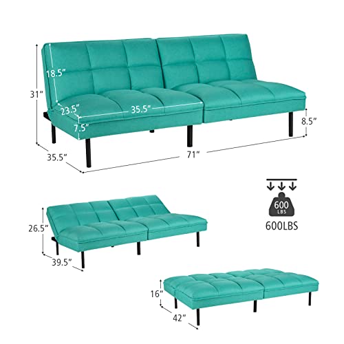 Giantex Sofa Bed, Convertible Sleeper Couch, Linen Fabric Futon, Recliner with 3 Level Adjustable Backrest, Metal Legs, 71βx35.5βx31β, Living Room Bedroom Reception Room (Turquoise)