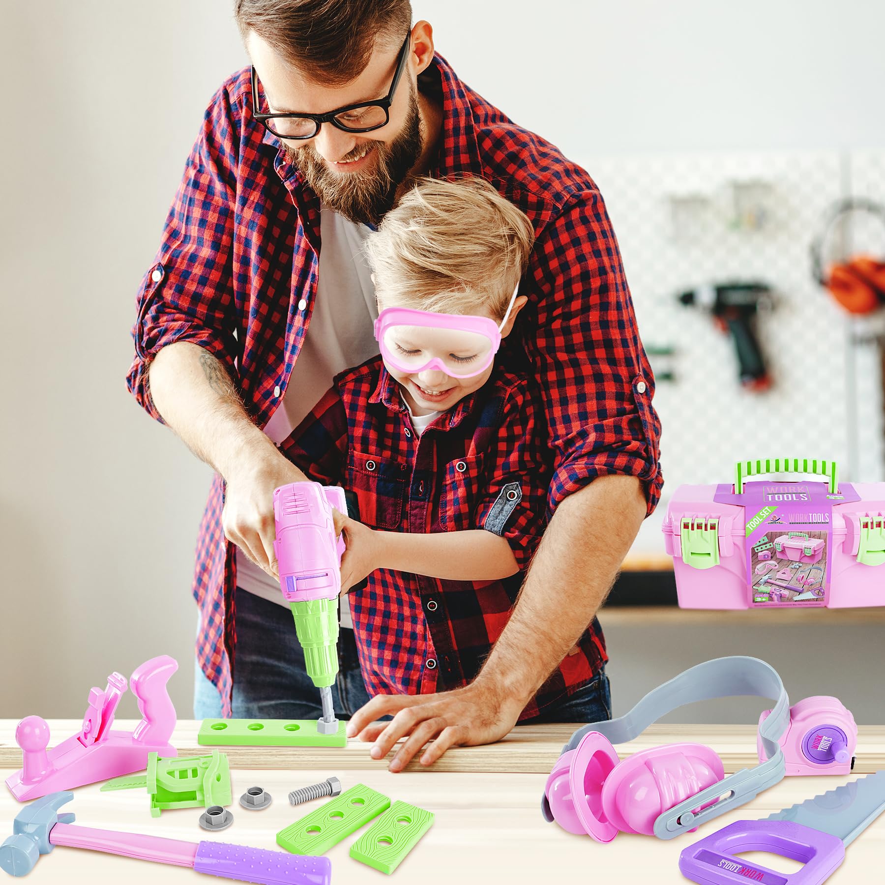 Kids Tool Set, Girls Tool Set Pretend Play Construction Toy Tool with Tool Box, Toddler Tool Set with Electric Toy Drill for Toddler Boy Girl Kid Child Tool Toy Pink Ages 3+