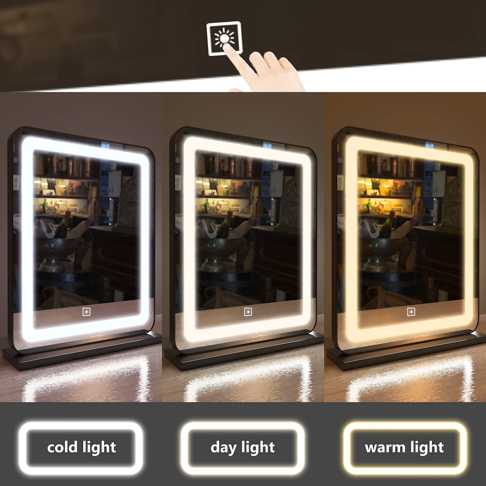 BARMI Vanity Mirror with Lights,18"x22" Lighting Dimmable LED Mirror, 3 Color Lighting Modes, Tabletop Vanity Makeup Mirror Smart Touch Control (Black)
