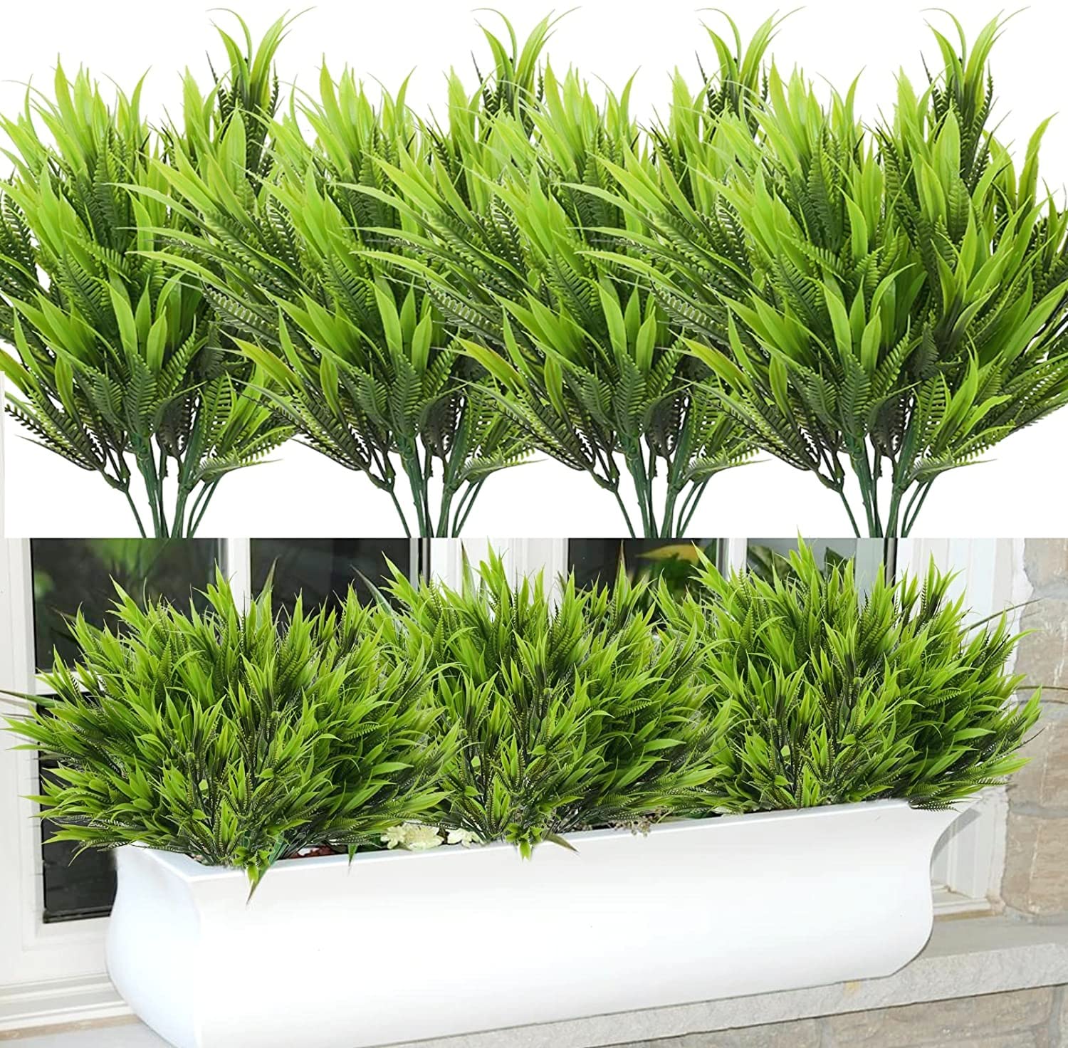 HUAESIN 8 Bundles Artificial Outdoor Plants Fake Fern Plant Fake Wheat Grass Greenery Shrubs for Outdoors Patio Porch Window Box Home Garden Plants Decor