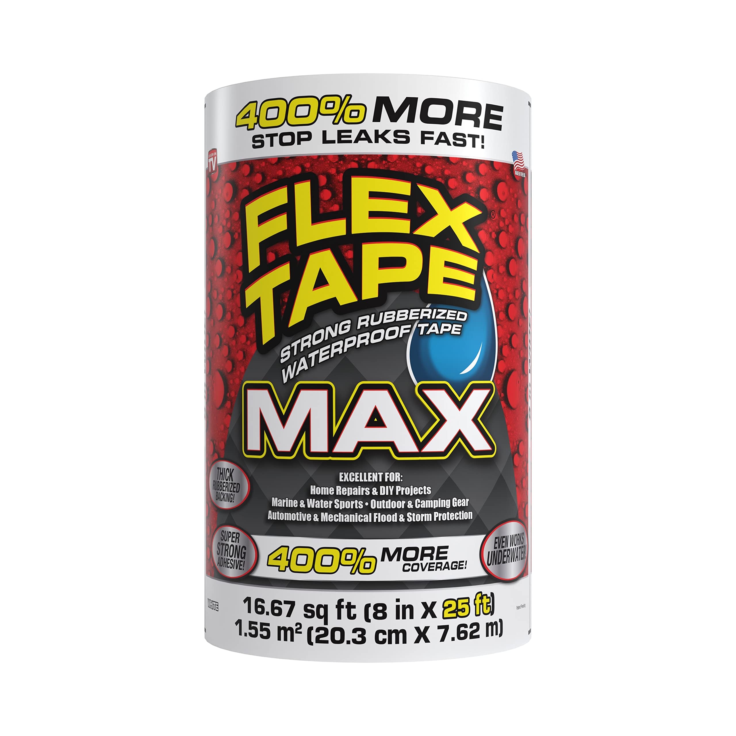 Flex Tape, MAX, 8 in x 25 ft, White, Original Thick Flexible Rubberized Waterproof Tape - Seal and Patch Leaks, Works Underwater, Indoor Outdoor Projects - Home RV Roof Plumbing and Pool Repairs
