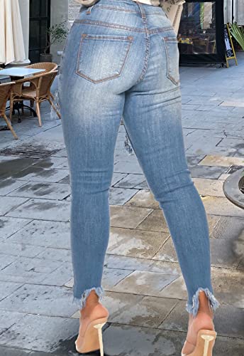 FairBeauty Women's Skinny Stretch Jeans Frayed Raw Hem Slim Fit Jeans Ripped Denim Pants Blue-a