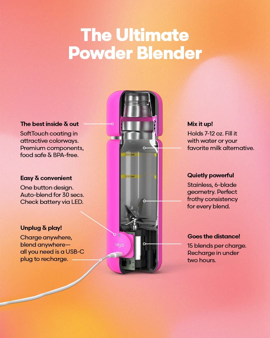 Vejo Personal Blender Powder-Powered Blending System | No Shaking | No Clumps | No Prep | Easy One-Button Design | USB Rechargeable Blender | Neon Pink