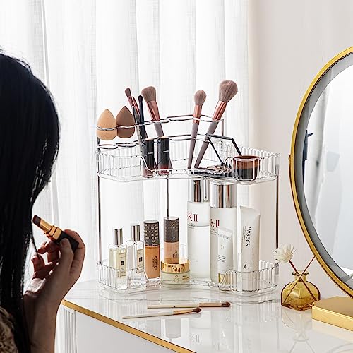 CICUFY 2-Tier Acrylic Corner Makeup Organizer Stylish Counter Organizer for Vanity and Bathroom Countertop - White Clear