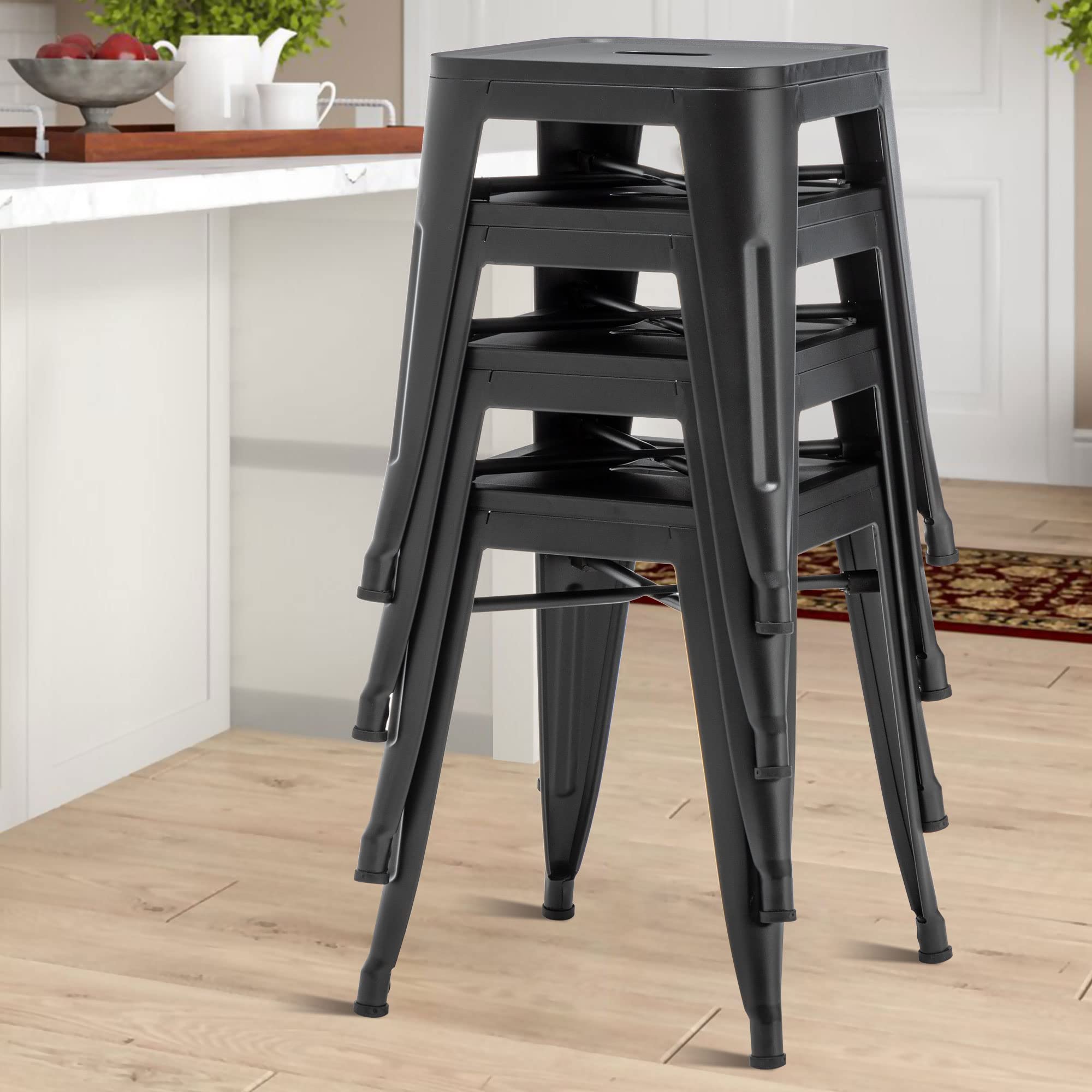 Changjie Furniture 18 Inch Stools Backless Industrial Metal Bar Stools Kitchen Stackable Stools Short Stools School Classroom Stools Metal Dining Chairs Set of 4 (18 inch, Matte Black)