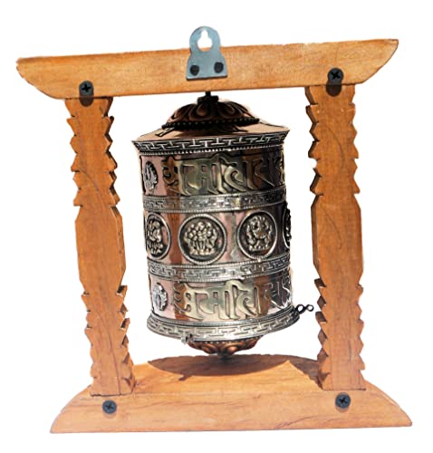 Large Tibetan Prayer wheel with wood frame 8 Auspiciouse symbol and Om Mane Pad mei hum, Hang it or sits in flat surface,handcrafted by Himalayan artisan in Nepal