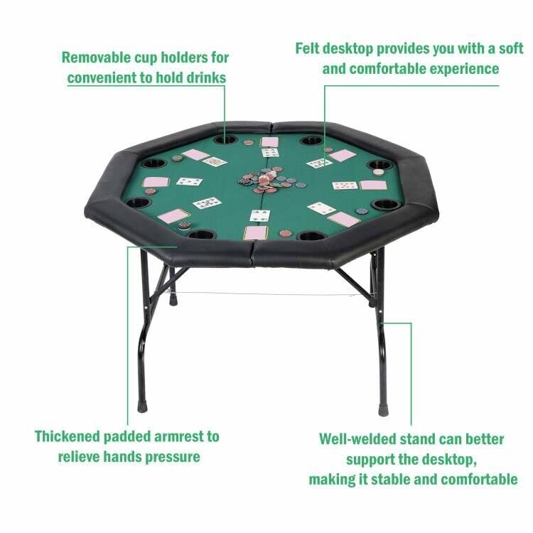 KARMAS PRODUCT Poker Table Folding Texas Holdem Casino Leisure Game Octagonal Table with Cup Holder 8 Player -Green