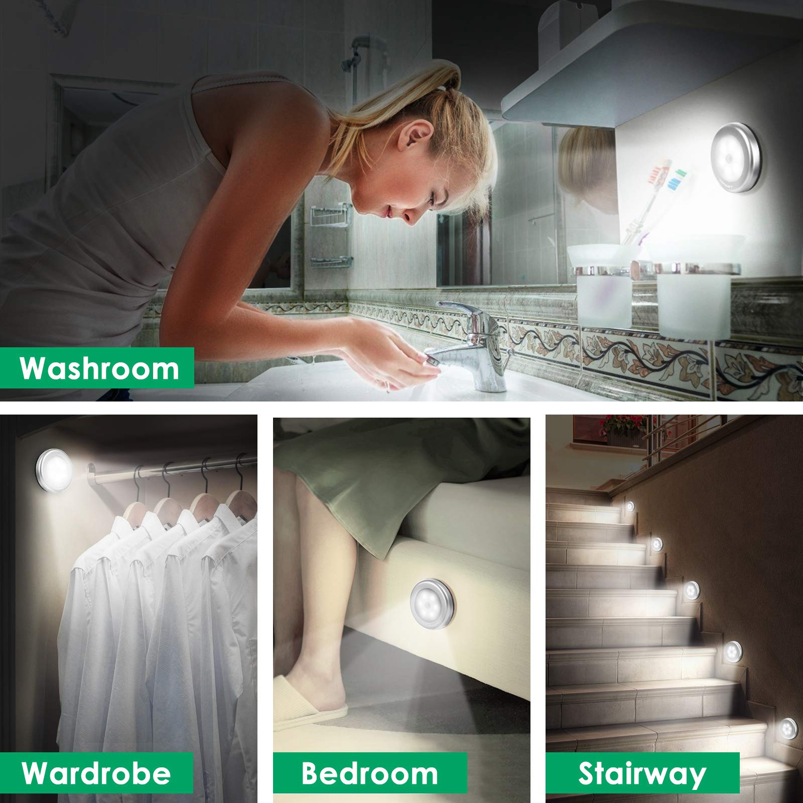 URPOWER Motion Sensor Closet Light, Motion-sensing Battery Powered LED Stick-Anywhere Nightlight,Wall Light for Entrance,Hallway,Basement,Garage,Bathroom,Cabinet,Closet