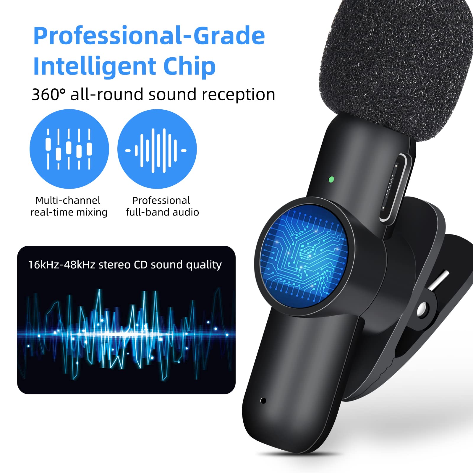 BAKAH Wireless Lavalier Microphone Fit for iPhone iPad, Lapel Microphone Wireless, 2 Clip on Microphones for Phone Video Recording, Interview, Vlog, YouTube, TikTok