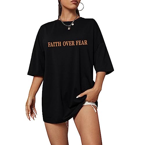 Faith Over Fear Shirt Women Oversized Christian Jesus Faith T-Shirt Black