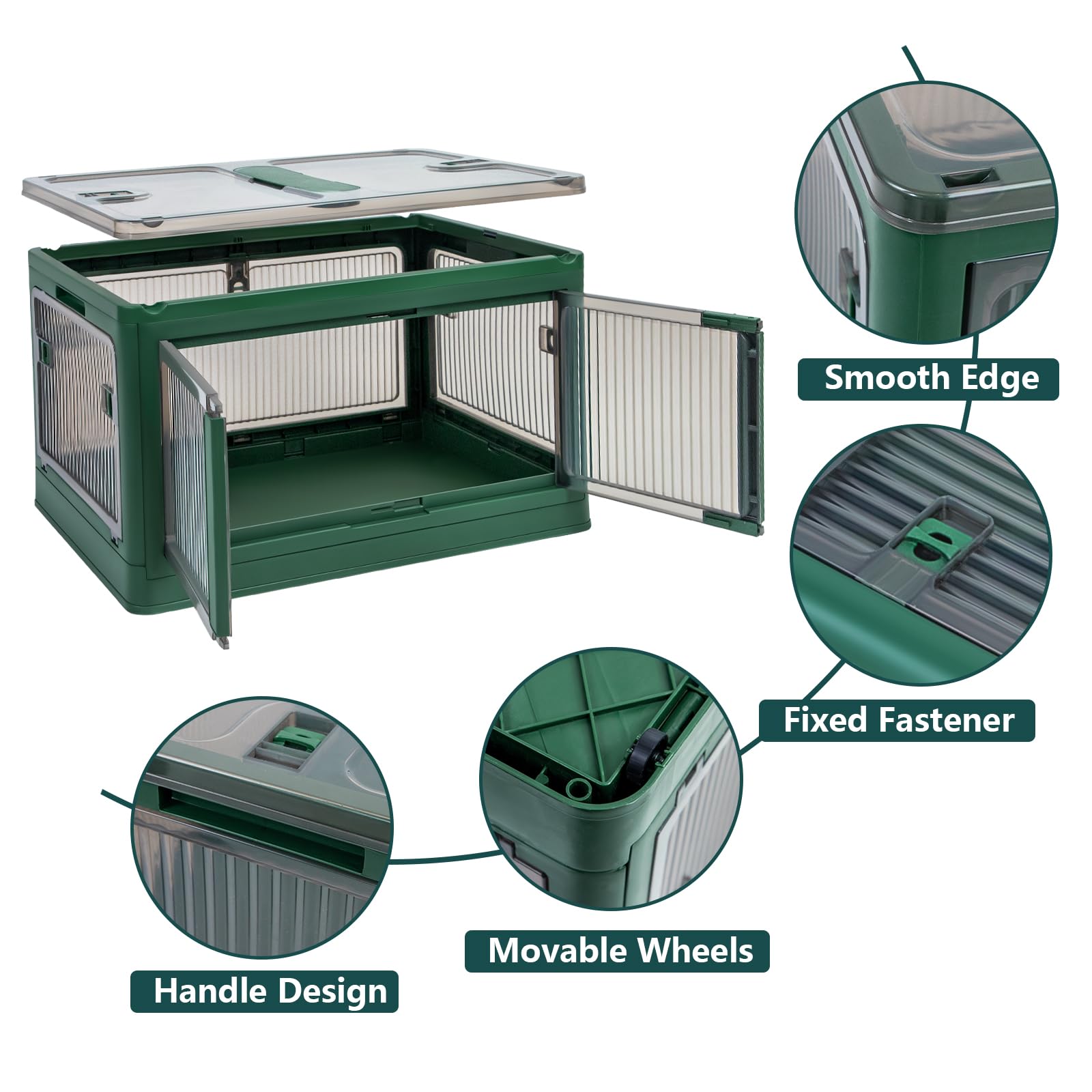 NOCCUR 3 Pack American Style Collapsible Storage Boxes, 14.5Gal Green Plastic Storage Bins with Lids and Doors, for Bedroom, Living Room