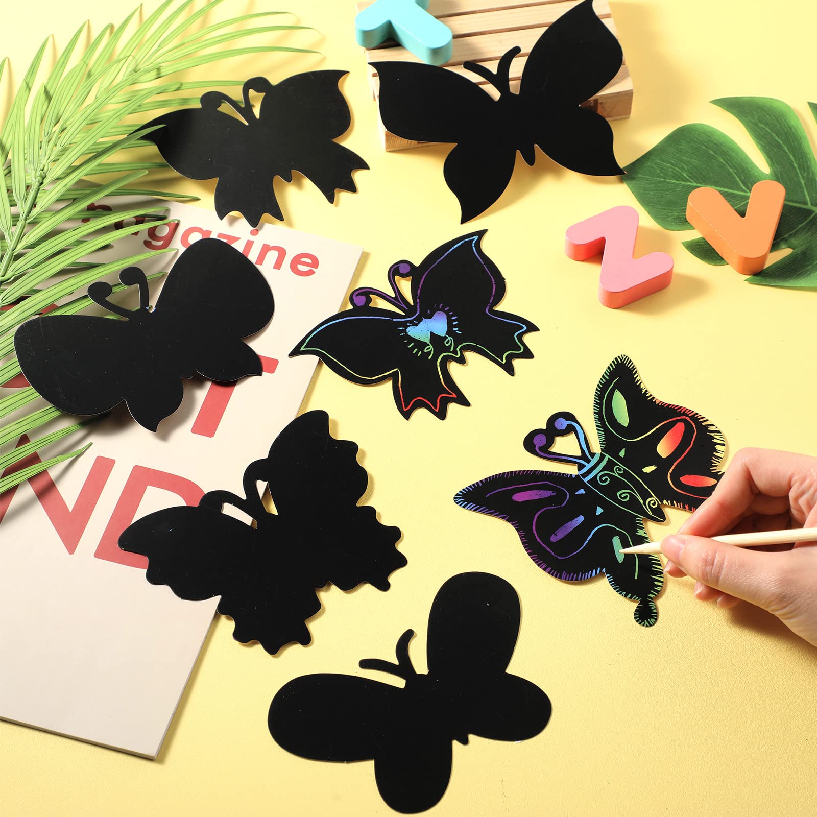 Landhoow Butterfly Scratch Cards for Kids Scratch Crafts Art Card Rainbow Summer Scratch Card Butterfly Party Favors for DIY Crafts Home Decoration Project, 6 Styles (24 Pcs)