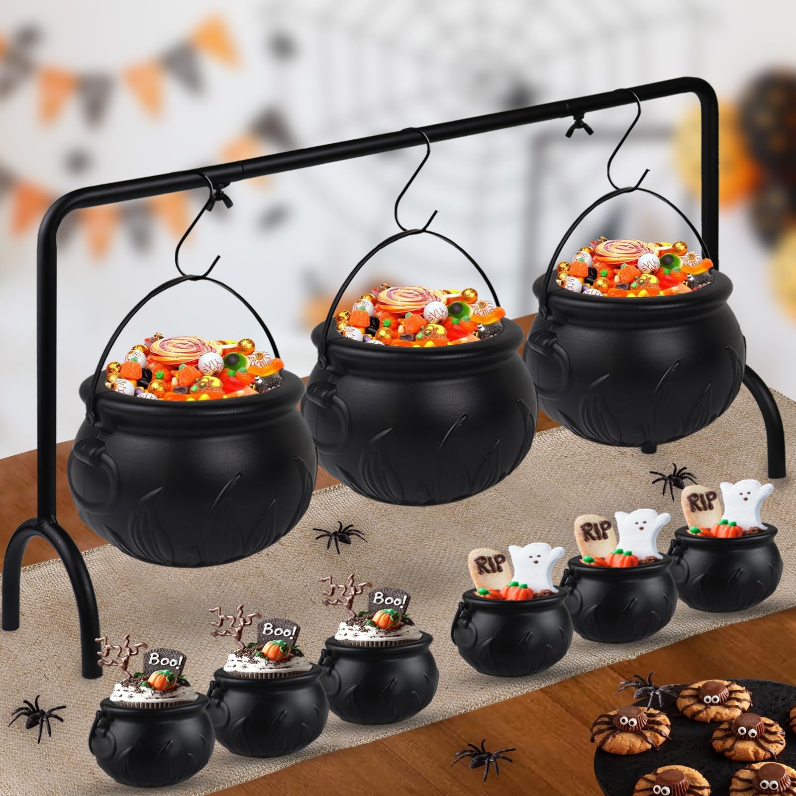 Cauldron Halloween Decor - 9 PCS Large and Mini Plastic Hanging Cauldrons Serving Set - Spooky Black Witches Cauldron Desserts Candy Serving Bowls for Table Home Indoor Hocus Pocus Party Decorations