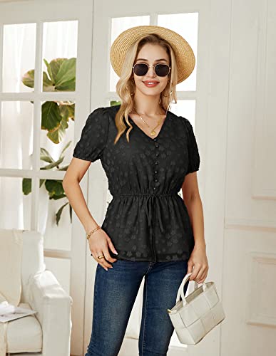 GRACE KARIN Women's Peplum Tops 2023 Summer V Neck Ruffle Short Sleeve Blouse Jacquard Flowy Shirt Tunic Top Black