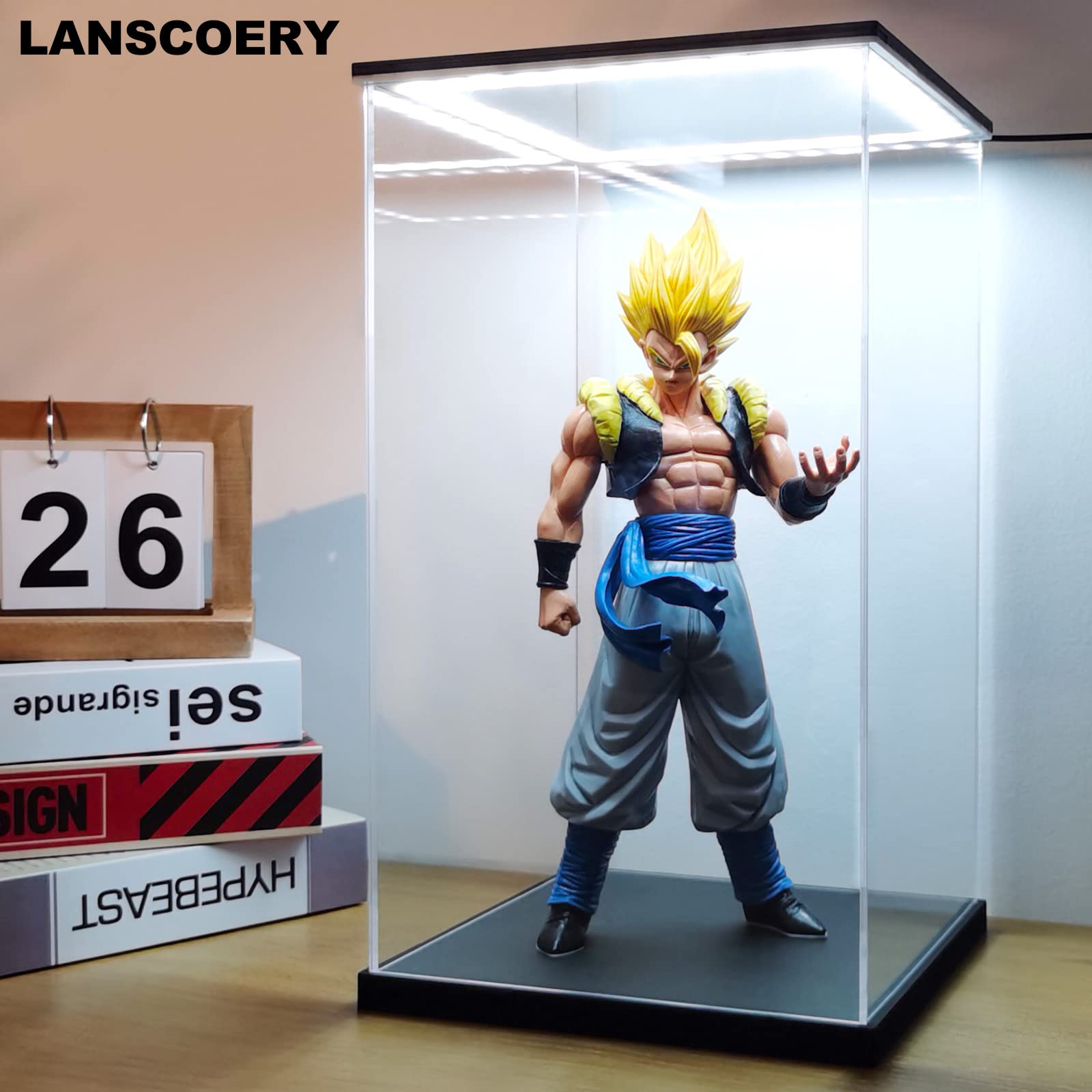 LANSCOERY Clear Acrylic Display Case with LED Light, Large Showcase and Display Box, Dustproof with UV Protection, Perfect for Figures Collectibles - 11.8x11.8x15.7inch
