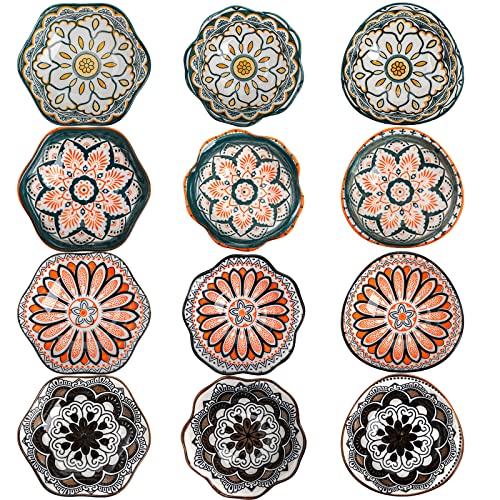 Foraineam 12 Pieces 3 Oz Porcelain Dip Bowl Set, Little Soy Sauce Dipping Bowls, Floral Mini Appetizer Dessert Condiments Server Dishes for Snack Sushi Ketchup, Vinegar, Sauce, Seasoning