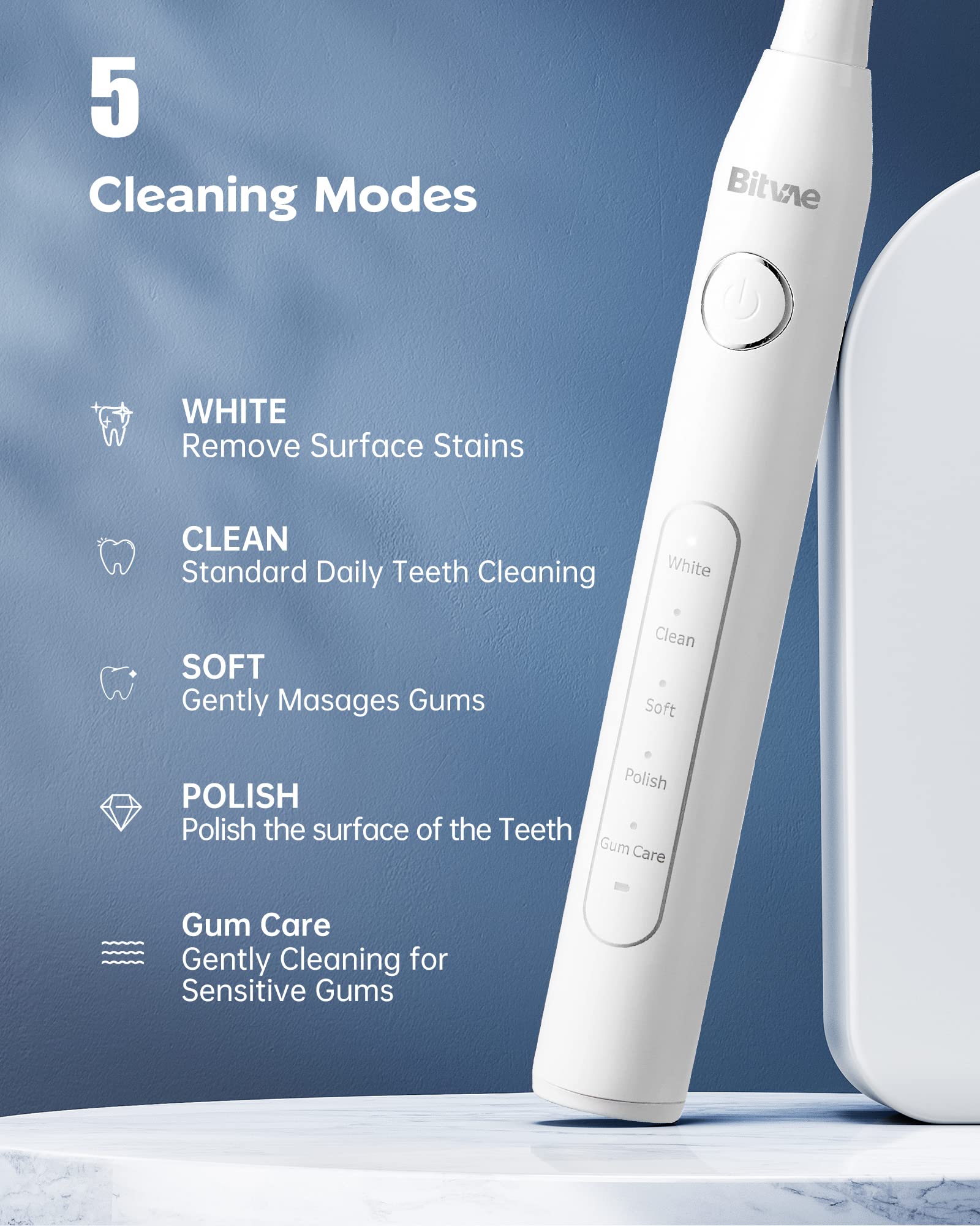 Bitvae Sonic Electric Toothbrush Electronic Toothbrush for Adults with 8 &4 Brush Heads, Travel Rechargeable Power Toothrush for 30 Days Using, Ultrasonic Toothbrush with 5 Modes and Timer (White)